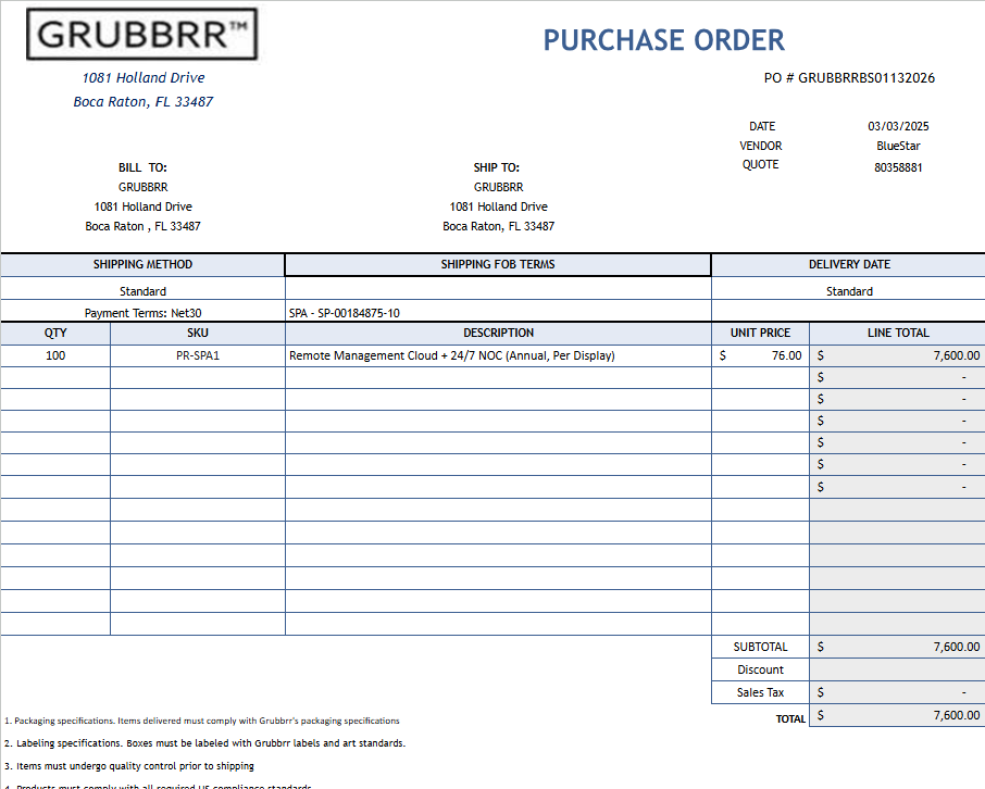 How to Submit Purchase Orders for GRUBBRR Hardware